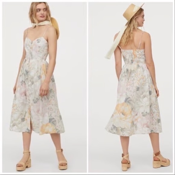 H&M | Dresses | Hm Blogger Floral Peony Linen Dress Small S Midi Length ...